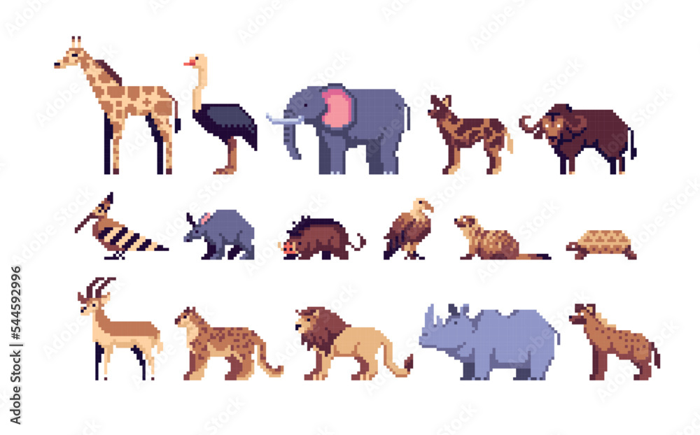 Savanna Animals pixel art set. Safari wildlife collection. 8 bit. Game ...