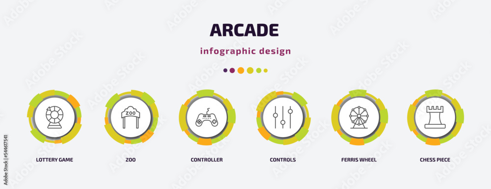arcade infographic template with icons and 6 step or option. arcade ...