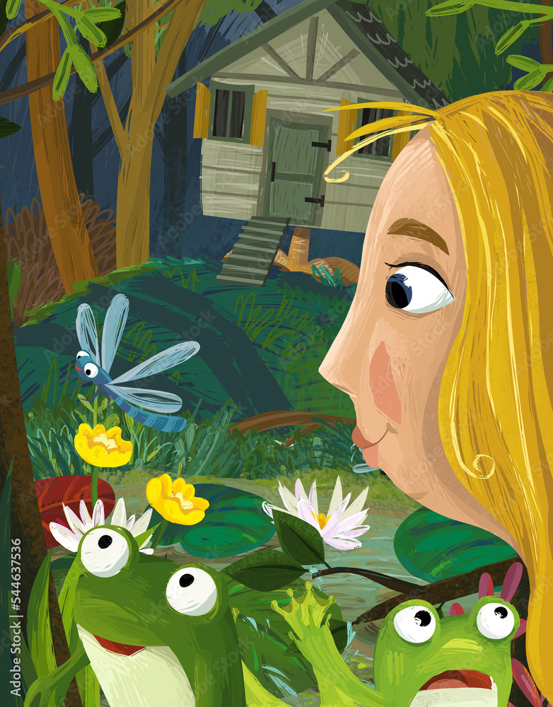 cartoon girl princess frog insects flying illustration Stock ...