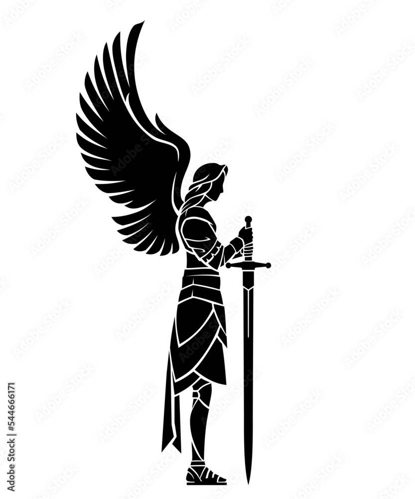 Angel Warrior Stance with Long Sword, Side View Silhouette Stock Vector ...