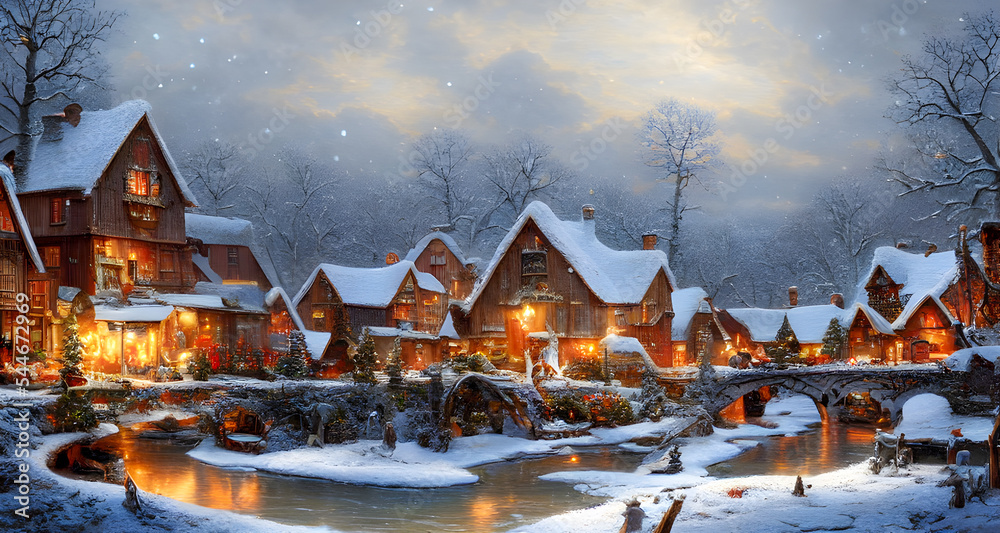 Beautiful Old Christmas Village snow rivers and ponds Illustration ...
