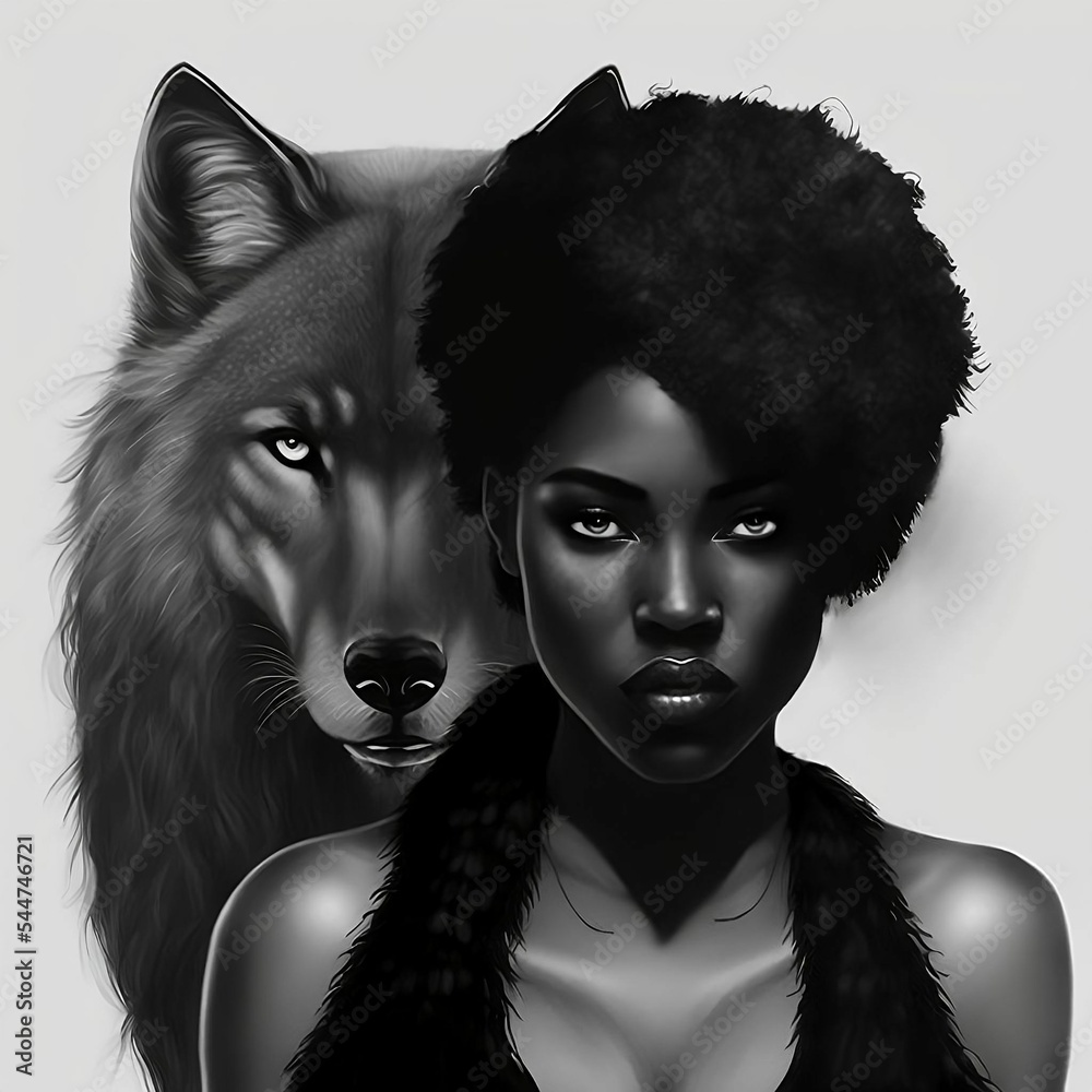 Black And White Black Woman With Wolf | Fantasy Fiction Spirit Animal ...