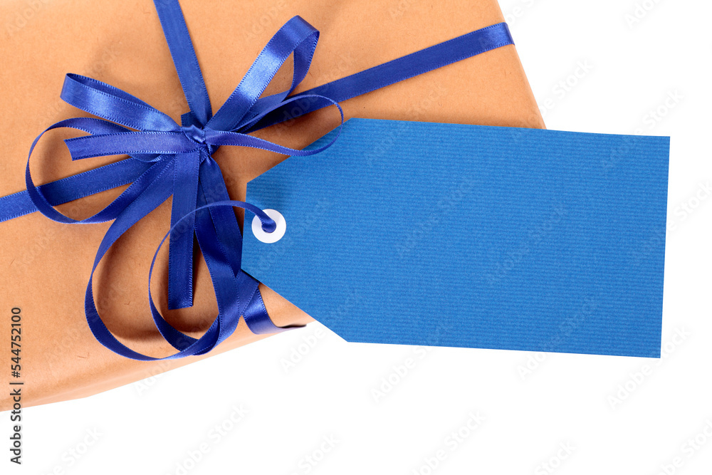 Gift box parcel package with blue tag isolated transparent background ...
