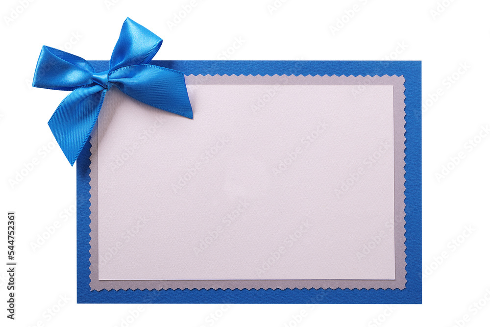 Christmas gift card blue bow decoration white copy space isolated ...
