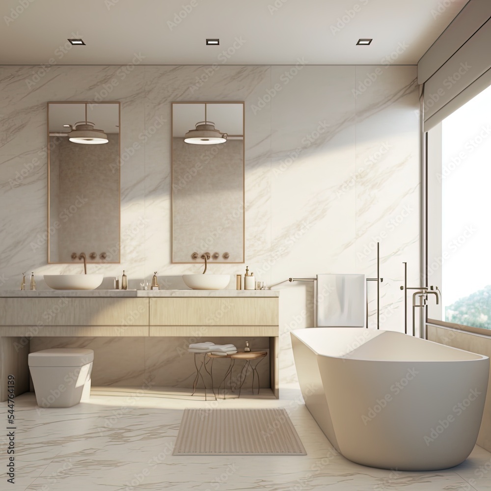 Modern bathroom interior with beige walls, marble basin with double ...