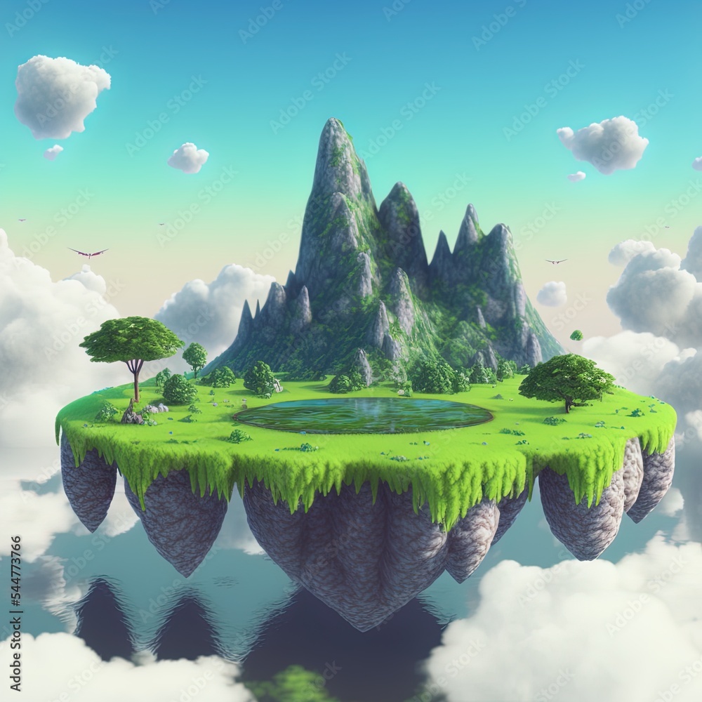 3d illustration of fantasy floating island surface with mountains ...