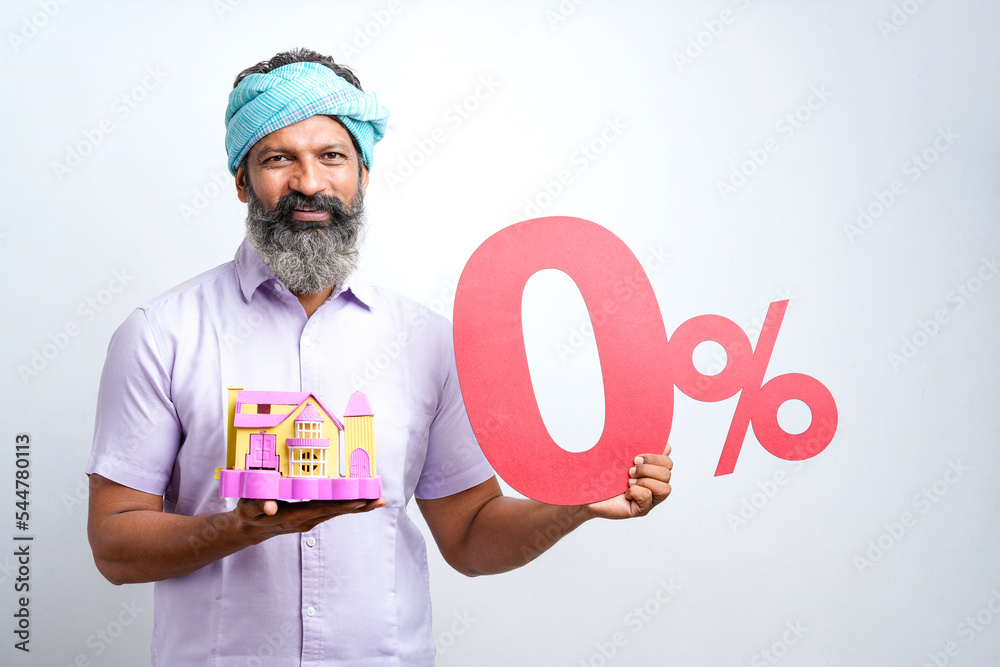 Indian farmer showing zero percent sign board on white background ...