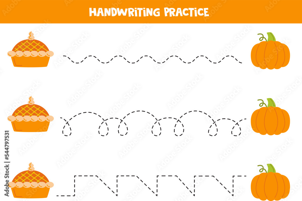 Tracing lines for kids. Cute pumpkin and pie. Writing practice. Stock ...