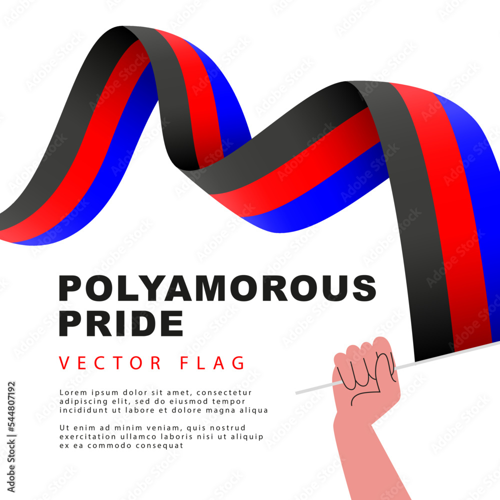 The flag of polyamorous pride in the hand of a man. Sexual identification. A colorful logo of ...