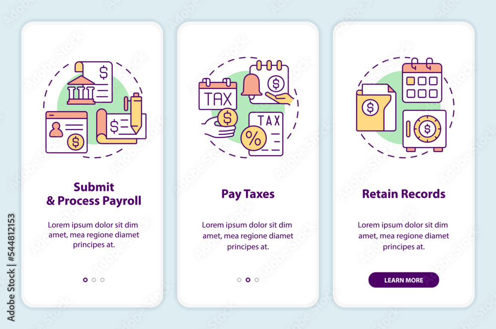 Stages of payroll processing onboarding mobile app screen. Payment ...
