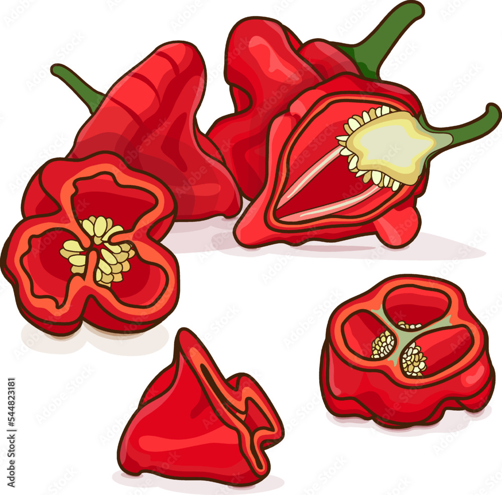 Whole, half, and quarter of red scotch bonnet peppers. Capsicum ...
