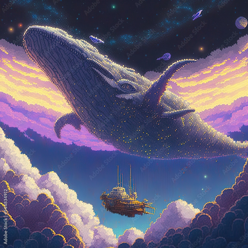 16bit pixel art alien whale flying through space. Generative AI ...