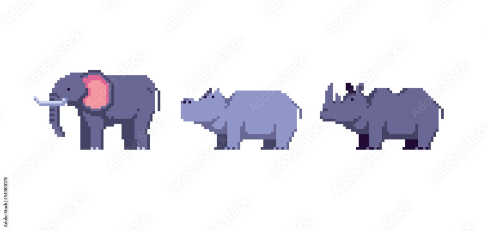 Elephant, hippopotamus and rhinoceros pixel art set. African fauna. Big ...