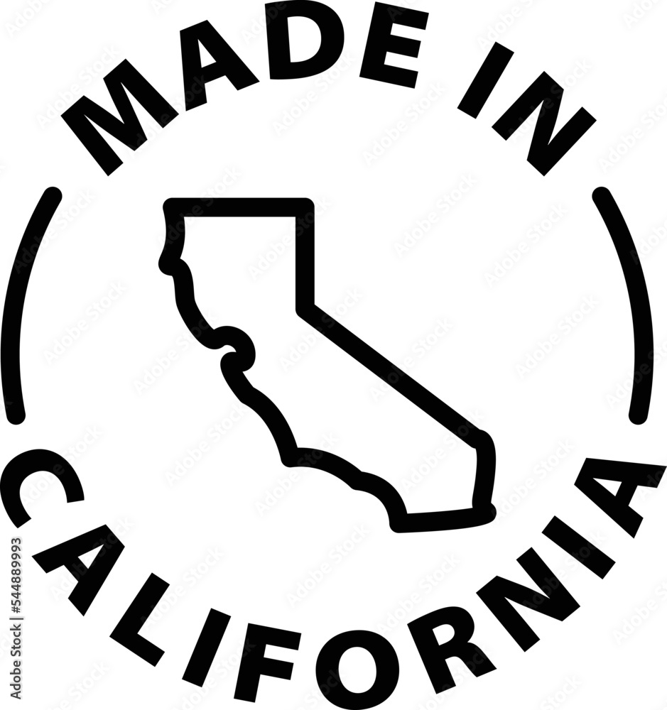 Made in California icon. Black outline rounded isolated product label ...