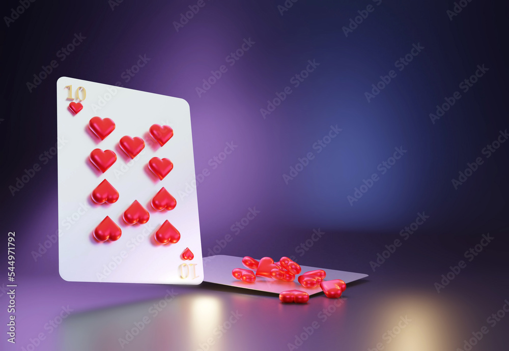 Ten of hearts. Creative 3D playing card wallpaper.Blue and violet light ...