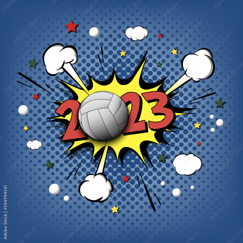New Year numbers 2023 and volleyball ball in pop art style. Comic text ...