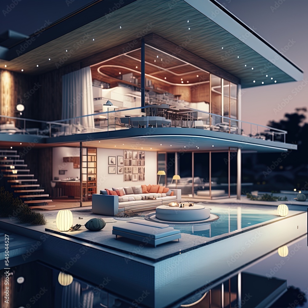 Modern home cross section, 3d rendering Stock Illustration | Adobe Stock