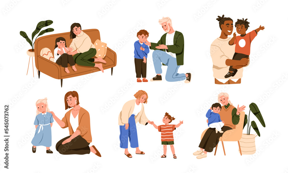 Parent-child relationship, communication concept. Fathers, mothers ...