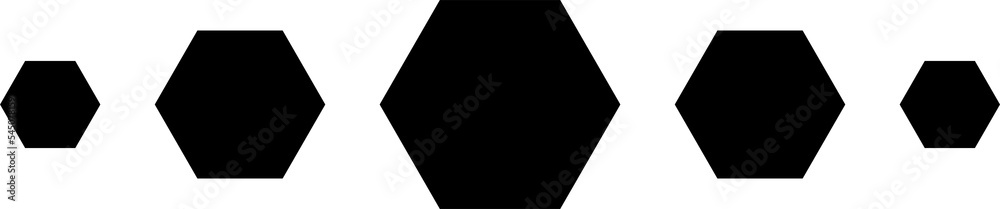 Five filled black hexagon, honeycomb shapes, in a row, different sizes ...
