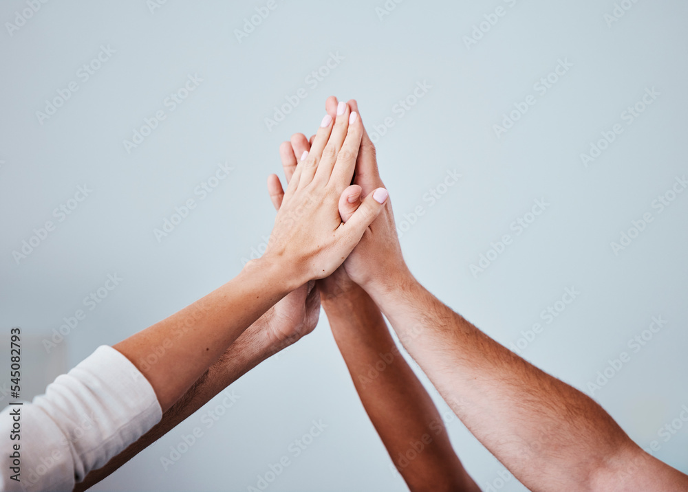 High five, team and hands of people in celebration for teamwork achievement, team building ...
