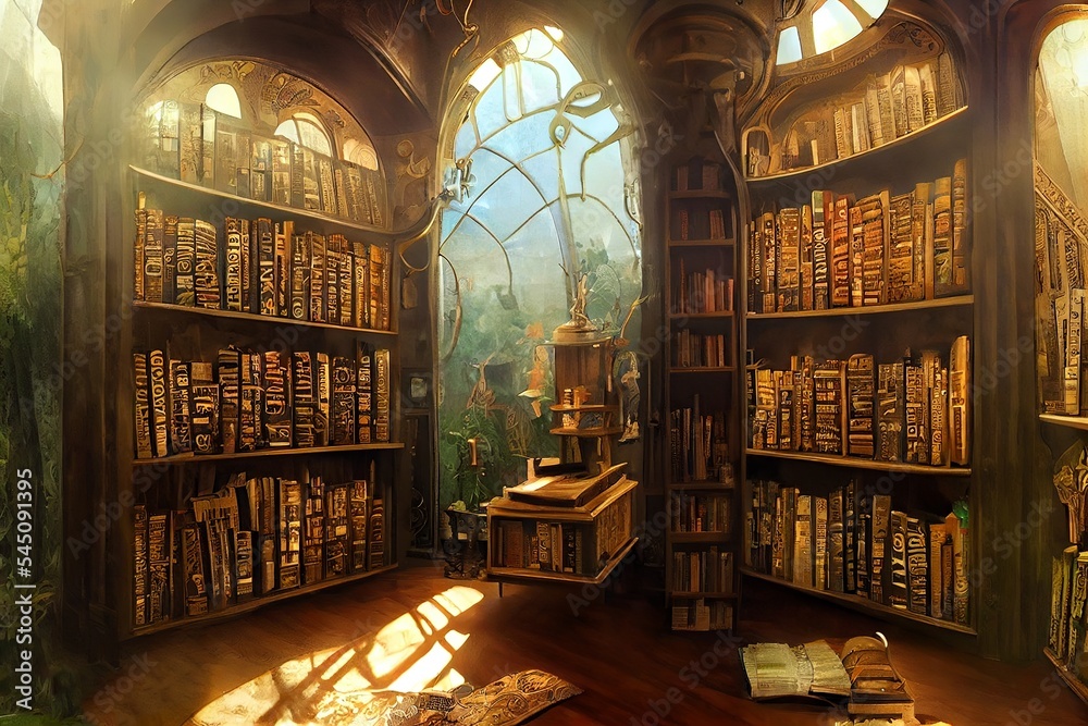 Fantasy library with hundreds of books in steampunk castle botanical ...