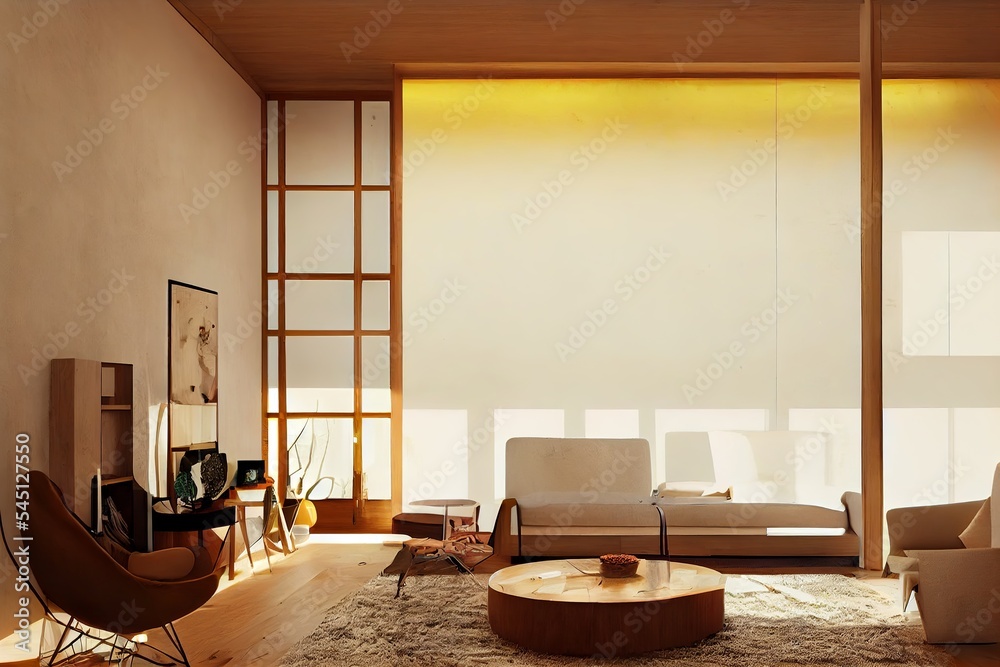 Japandi style home living room interior with scandinavian elements and ...