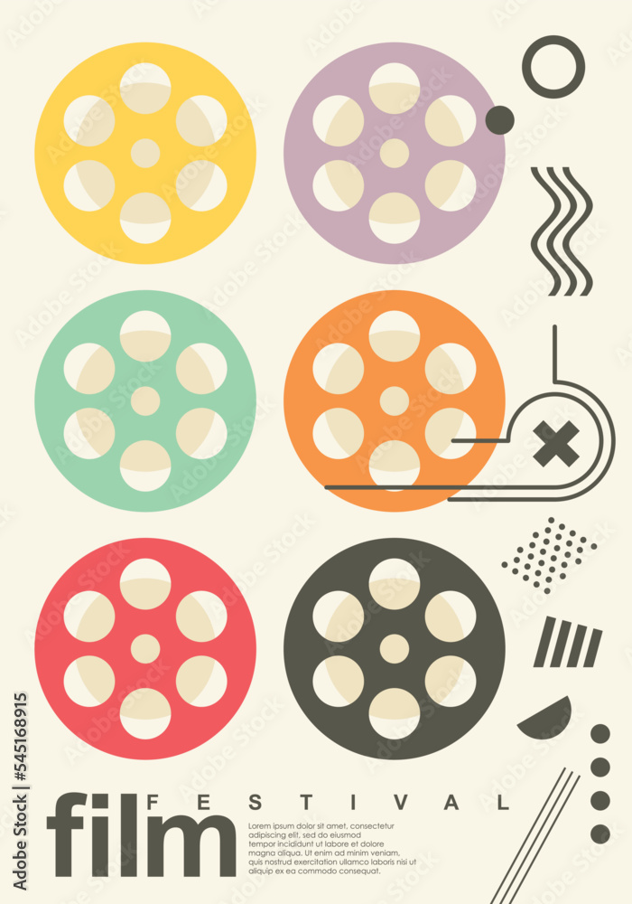 Movie festival poster template with colorful film reels. Cinema event ...
