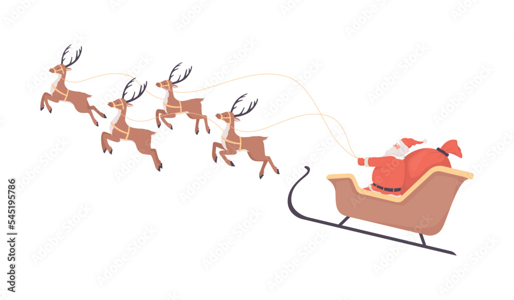 Santa Claus sleigh and reindeers semi flat color vector characters ...