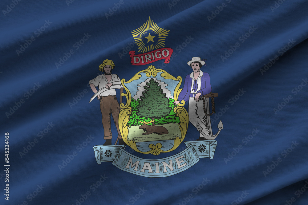 Maine US state flag with big folds waving close up under the studio ...