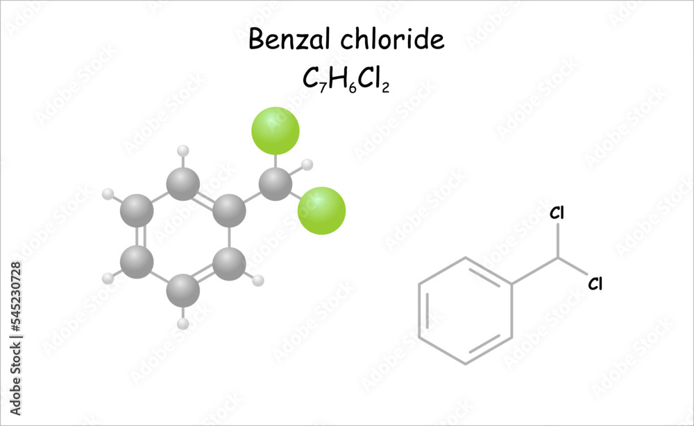 Stylized molecule model/structural formula of benzal chloride. Stock ...