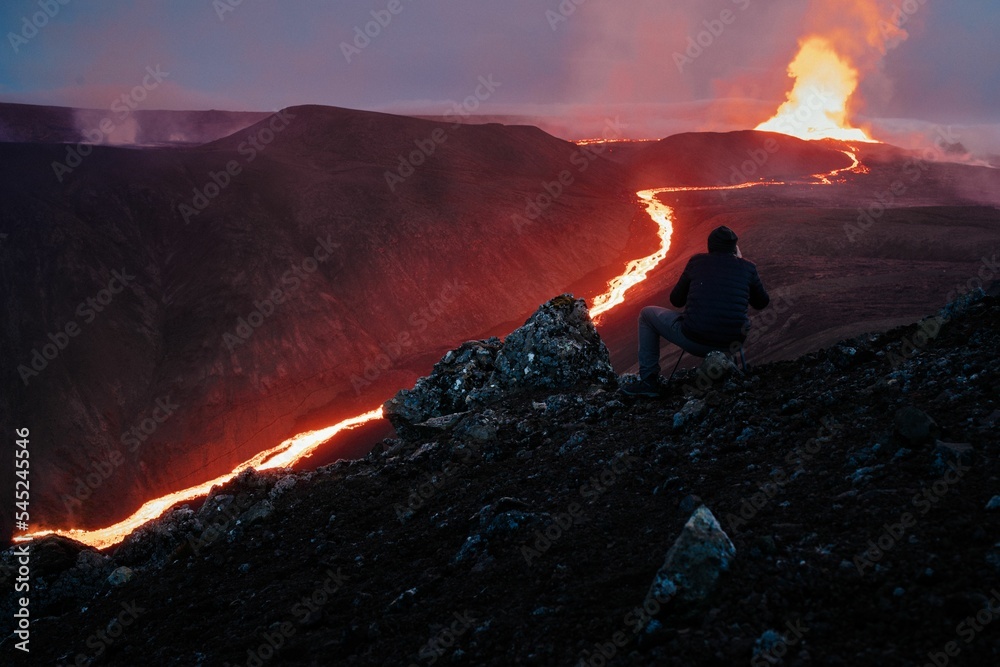 Aerial view of the Fagradalsfjall volcano eruption in Iceland in the ...
