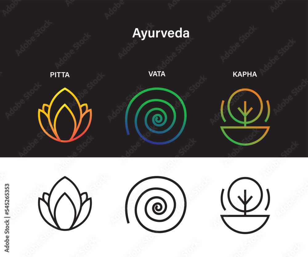 Ayurveda vector illustration. Ayurvedic body types, symbols of dosha ...