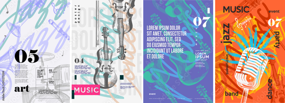 Event poster design. Jazz, guitar, drum, microphone. Set of vector ...