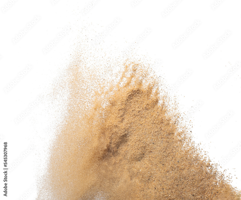 Sand flying explosion, Golden sand wave explode. Abstract sands cloud ...
