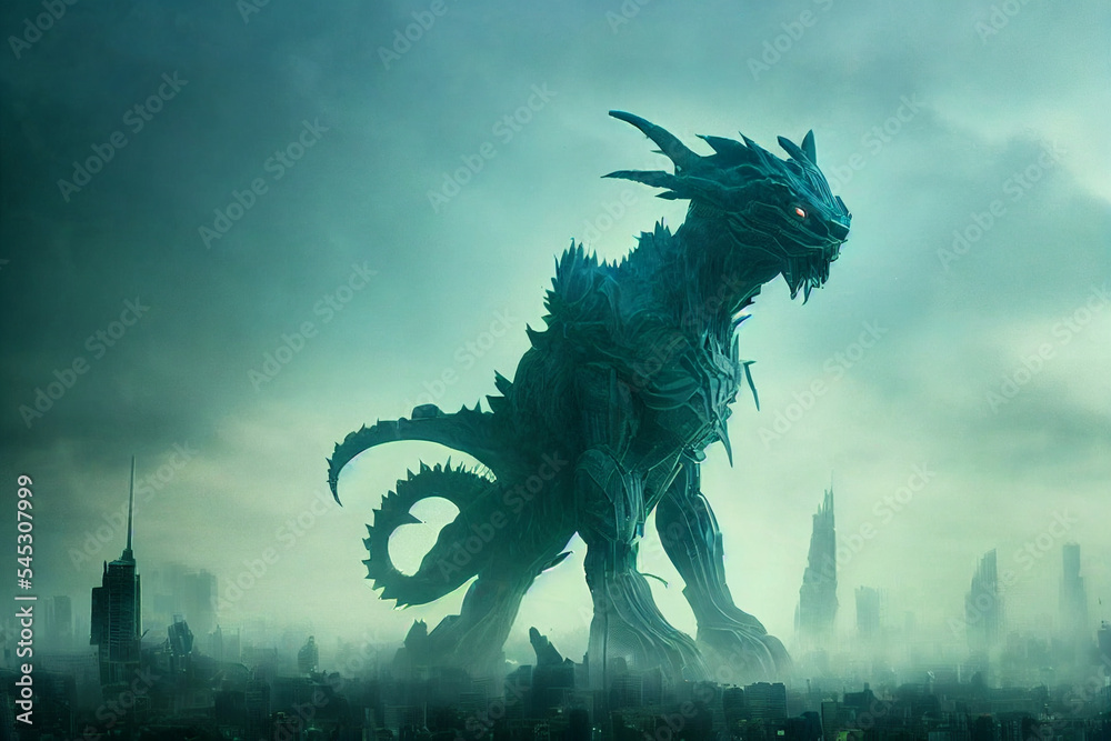 Foto de Stock giant beast above city, giant kaiju, creature concept ...