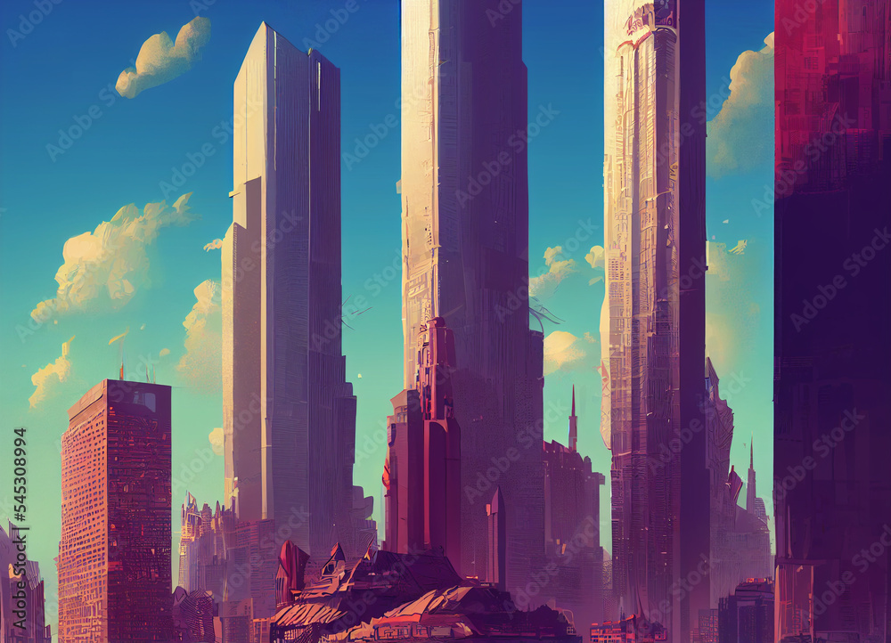 Futuristic city of giant skyscrapers, storybook illustration, sharp ...