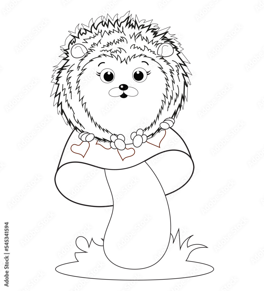 Hand drawn cute hedgehog on mushroom for coloring book. Vector ...