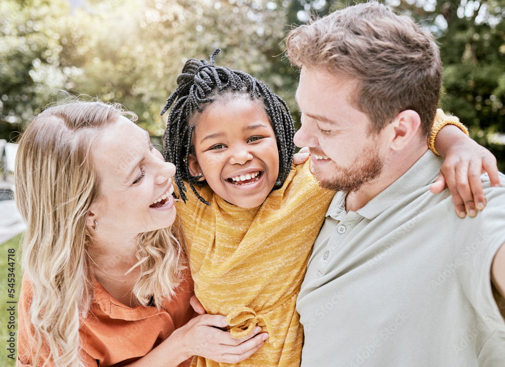 Happy family, parents and adoption kid at park, garden and nature for ...