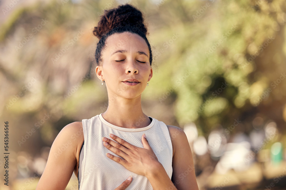 Yoga, meditation and fitness with a black woman breathing for calm ...