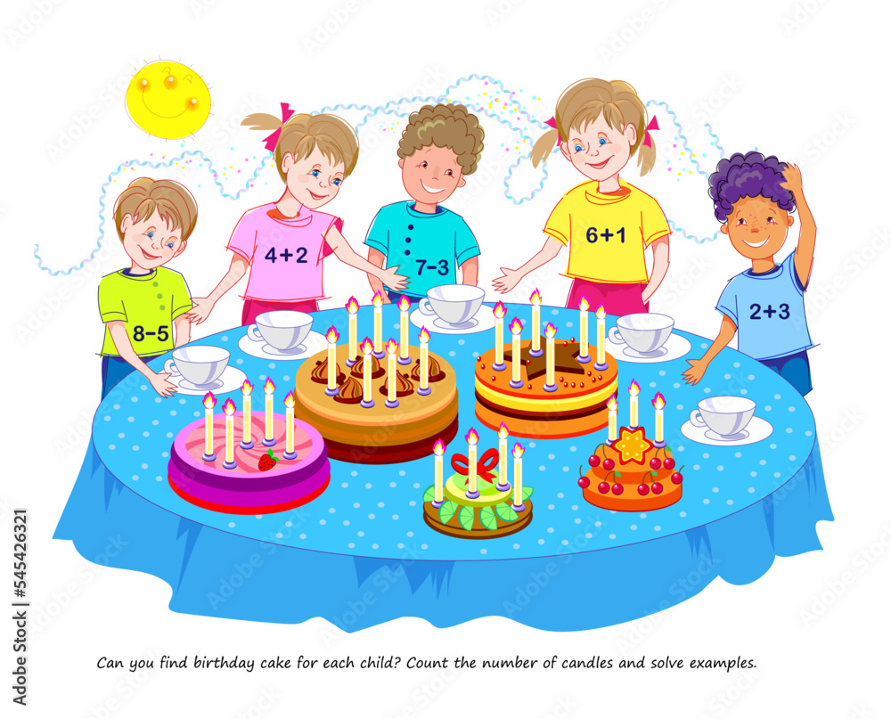 Vetor Math education for kids. Can you find birthday cake for each ...