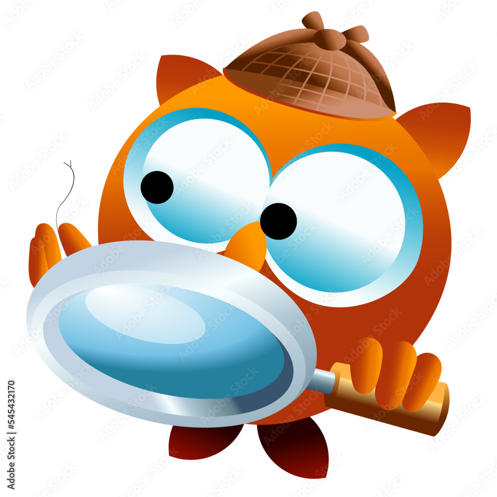 Cartoon bird with magnifying glass. Famous detective lookalike ...