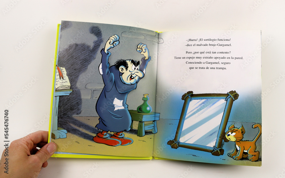 The Smurfs storybook. The wizard Gargamel and his cat Azrael in his ...