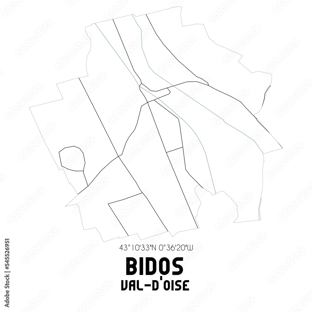 BIDOS Val-d'Oise. Minimalistic street map with black and white lines ...