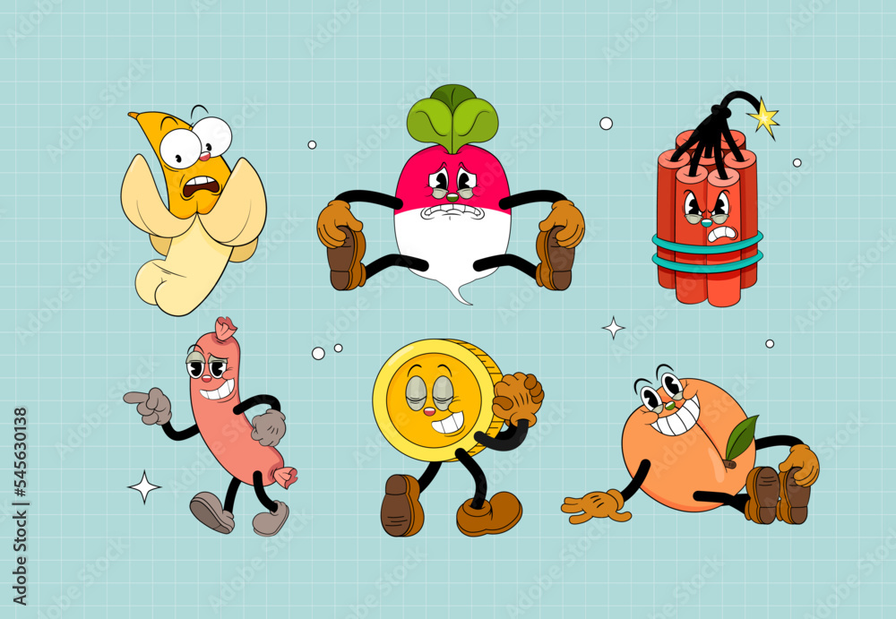 Vektor Set of comic characters in retro cartoon style. Cute comic ...