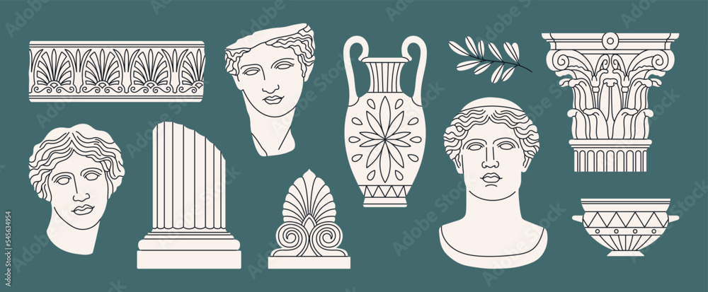 Poster with classical architectural details, sculptures and reliefs ...