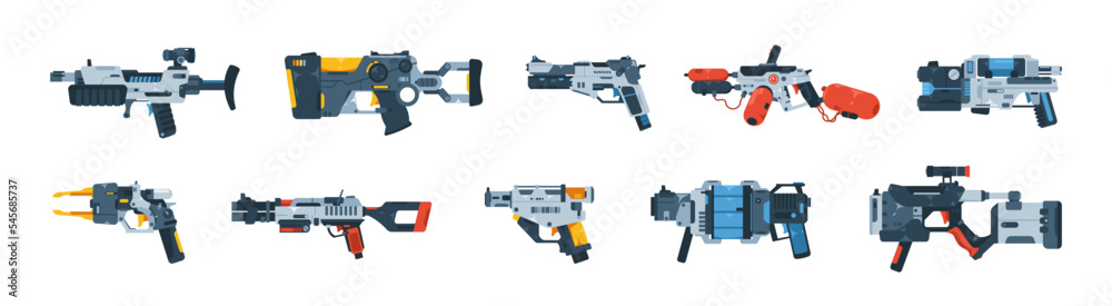 Cartoon futuristic game gun. Comic retro alien space blasters laser ...