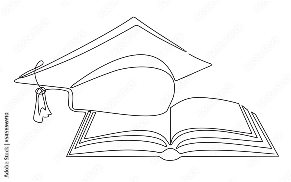 Continuous one single line drawing of Graduation Hat and open book ...