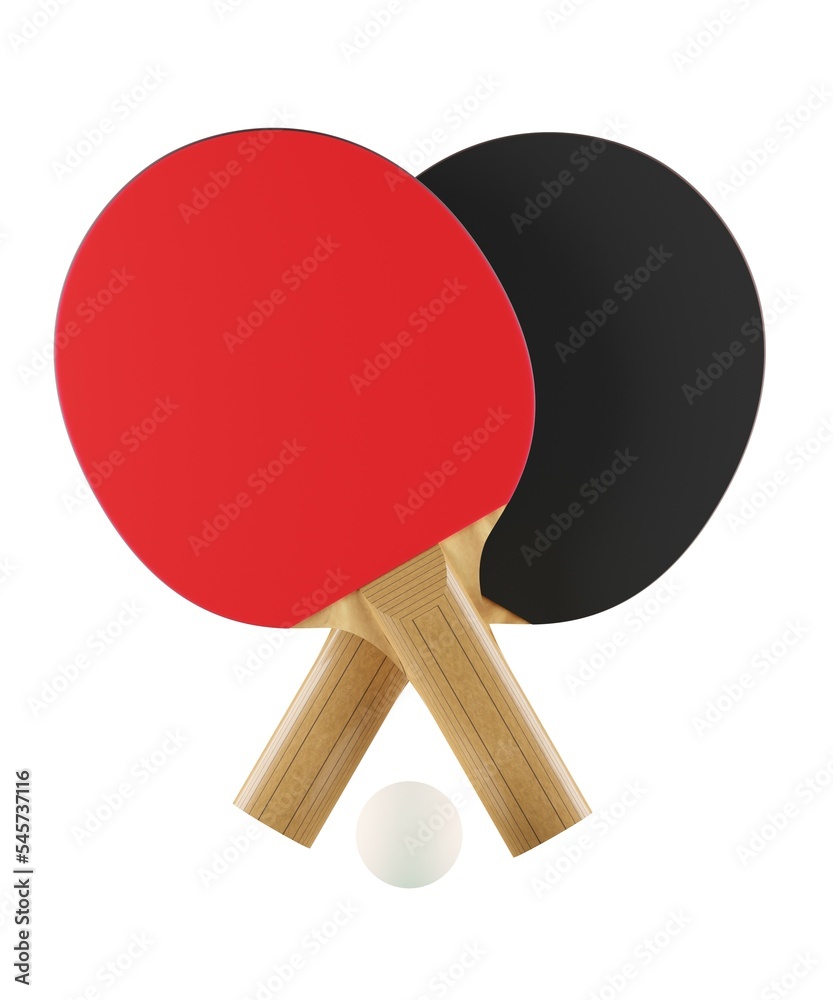 Two red and black table tennis or ping pong paddles or rackets with ...