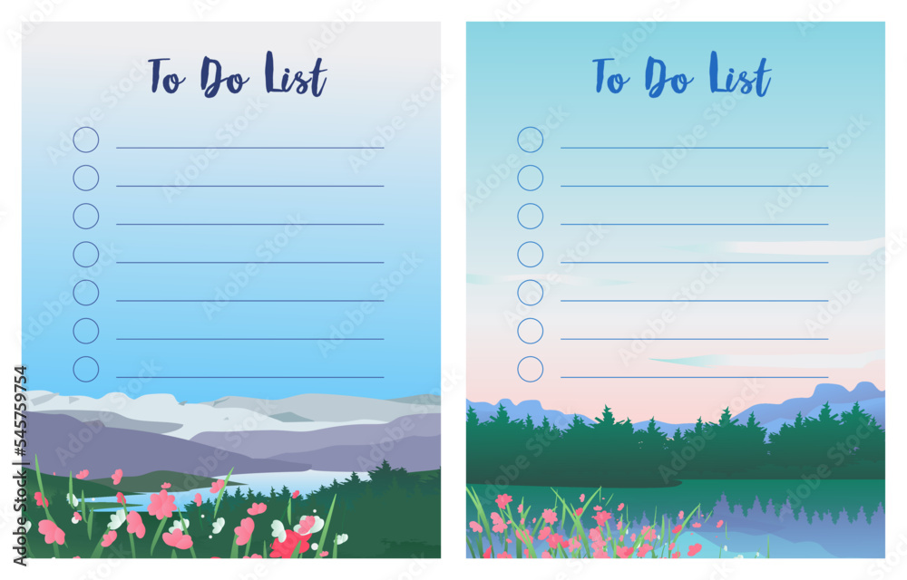 To do list template with a mountain landscape, small river, forest ...