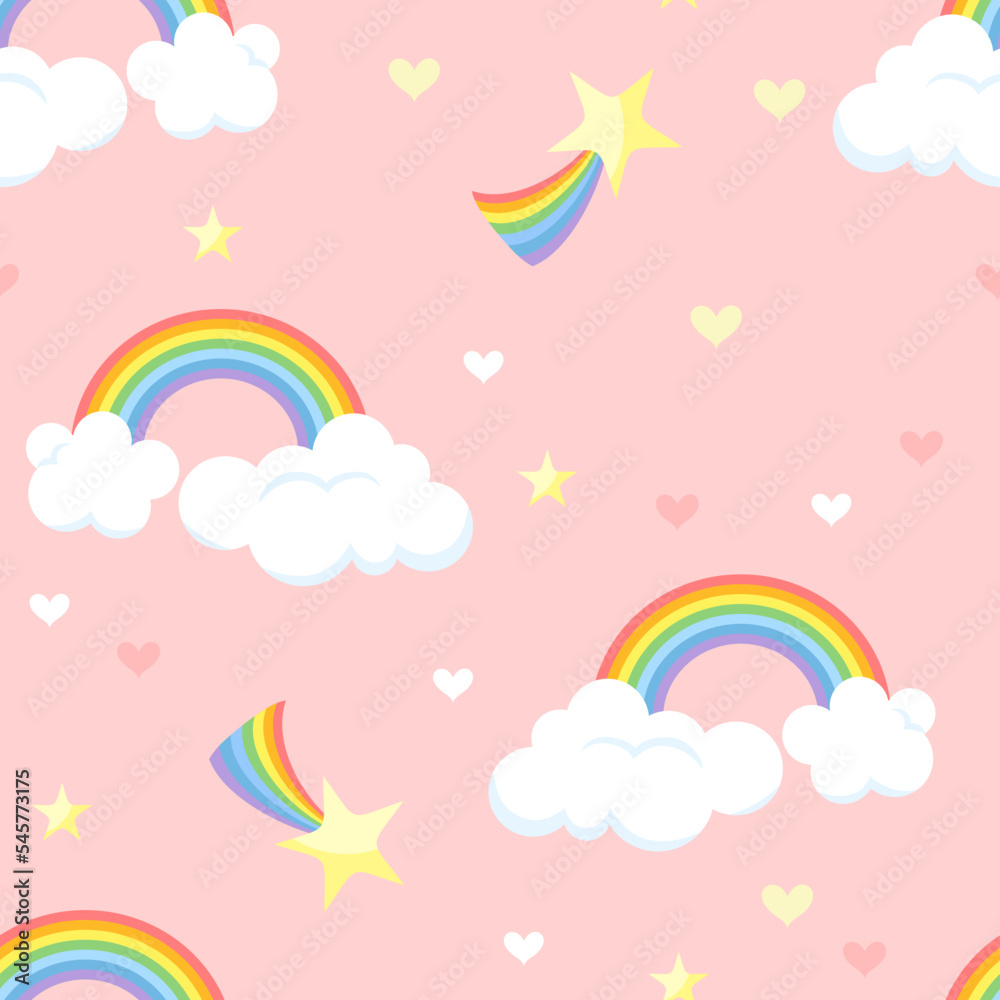 Girly childish pink background with rainbow, hearts, clouds and ...